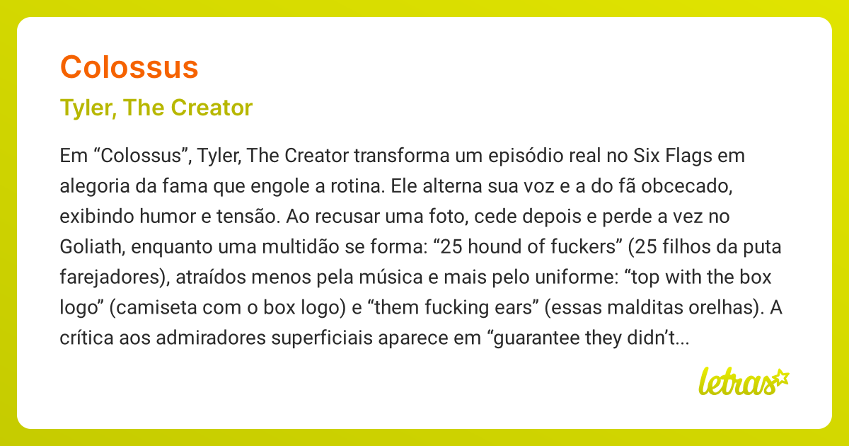 Significado da música COLOSSUS (Tyler, The Creator) - LETRAS.MUS.BR