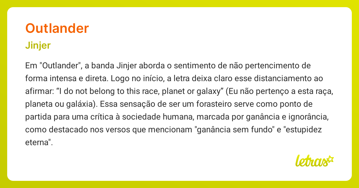 Significado da música OUTLANDER (Jinjer) - LETRAS.MUS.BR