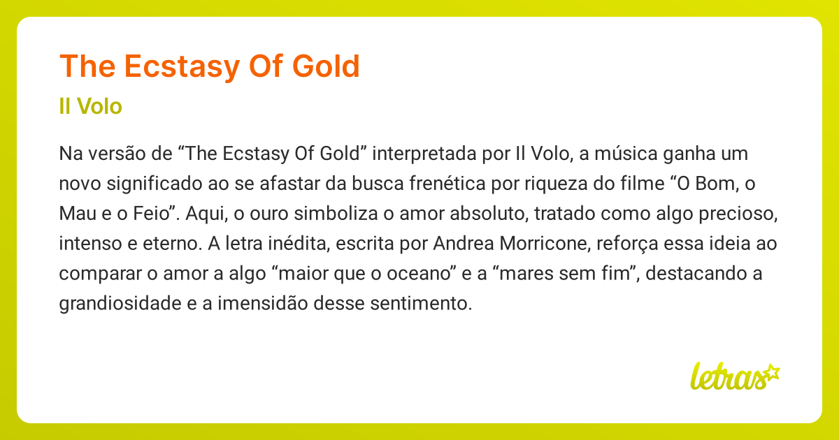 Significado da música THE ECSTASY OF GOLD (Il Volo) - LETRAS.MUS.BR