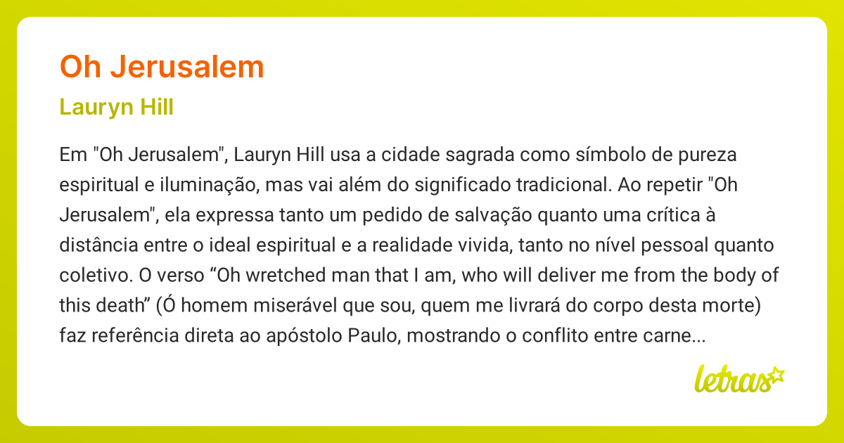Significado da música OH JERUSALEM (Lauryn Hill) - LETRAS.MUS.BR