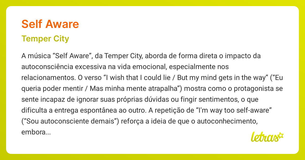 Significado da música SELF AWARE (Temper City) - LETRAS.MUS.BR