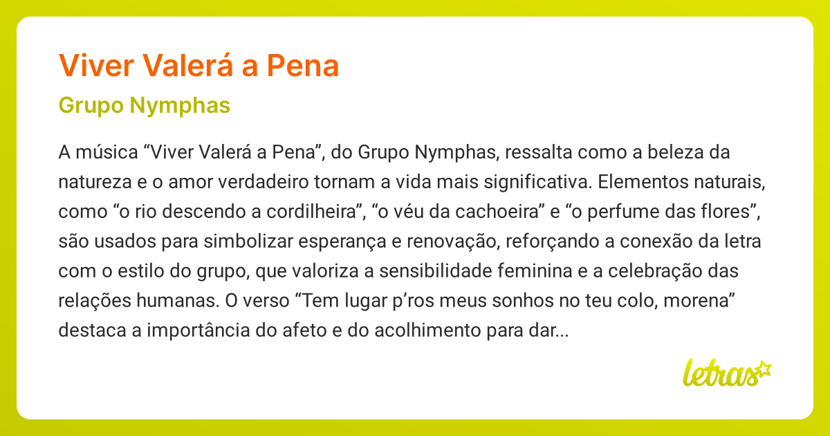 Significado da música VIVER VALERÁ A PENA (Grupo Nymphas) - LETRAS.MUS.BR