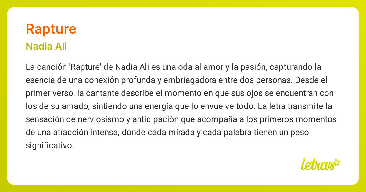 Significado de la canción RAPTURE (Nadia Ali) - LETRAS.COM