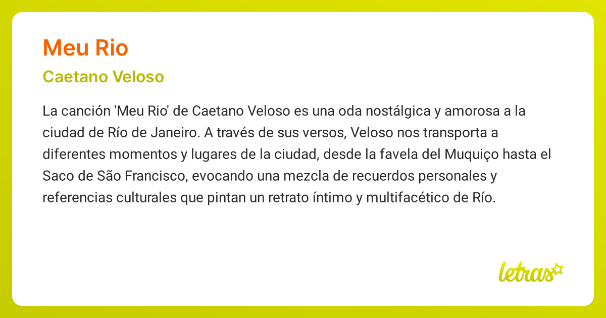 Significado de la canción MEU RIO (Caetano Veloso) - LETRAS.COM
