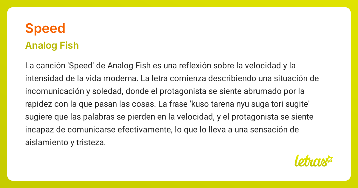 Significado de la canción SPEED (Analog Fish) - LETRAS.COM