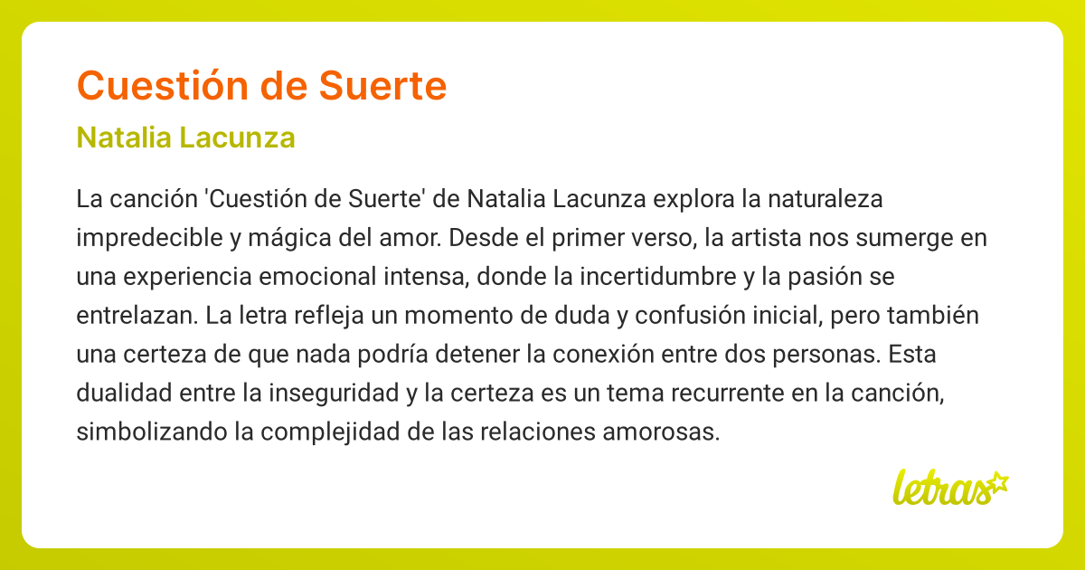 Significado de la canción CUESTIÓN DE SUERTE (Natalia Lacunza) - LETRAS.COM