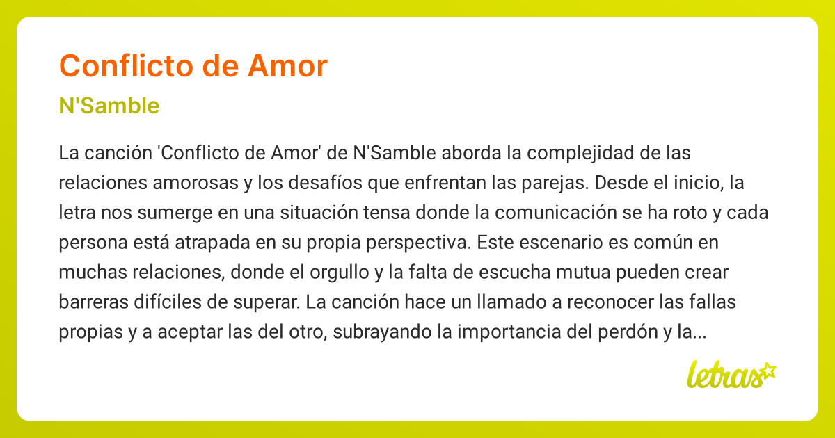 Significado de la canción CONFLICTO DE AMOR (N'Samble) - LETRAS.COM