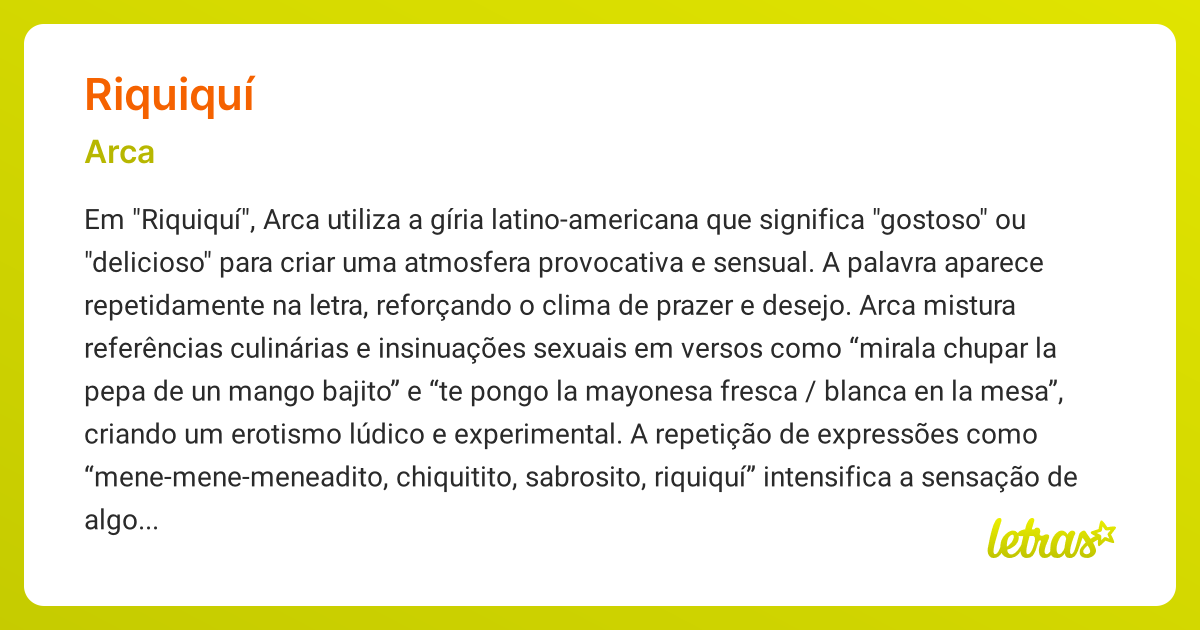 Significado da música RIQUIQUÍ (Arca) - LETRAS.MUS.BR