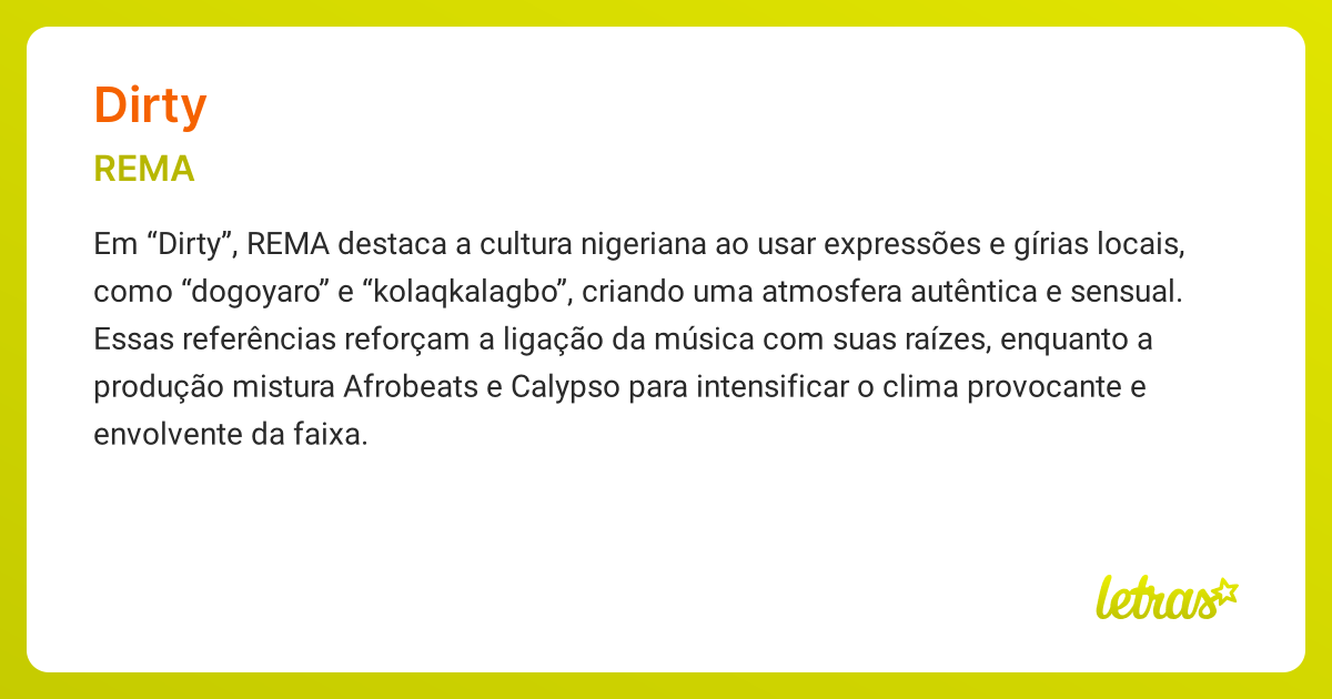 Significado da música DIRTY (REMA) - LETRAS.MUS.BR