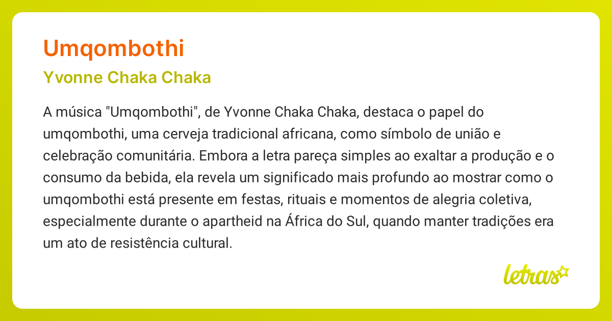 Significado da música UMQOMBOTHI (Yvonne Chaka Chaka) - LETRAS.MUS.BR