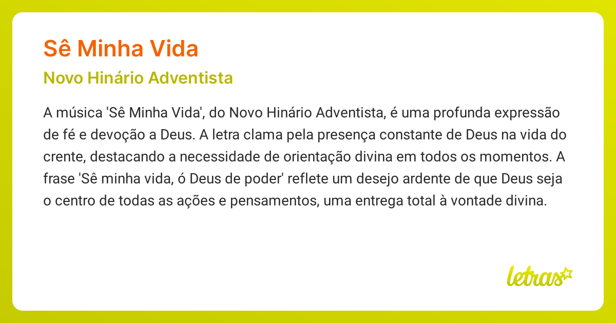 Significado da música SÊ MINHA VIDA (Novo Hinário Adventista) - LETRAS ...