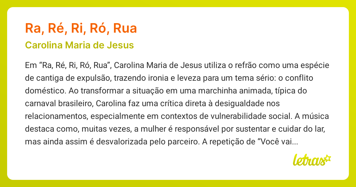 Significado da música RA, RÉ, RI, RÓ, RUA (Carolina Maria de Jesus ...