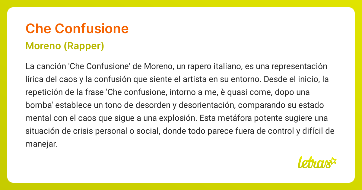 Significado de la canción CHE CONFUSIONE (Moreno (Rapper)) - LETRAS.COM