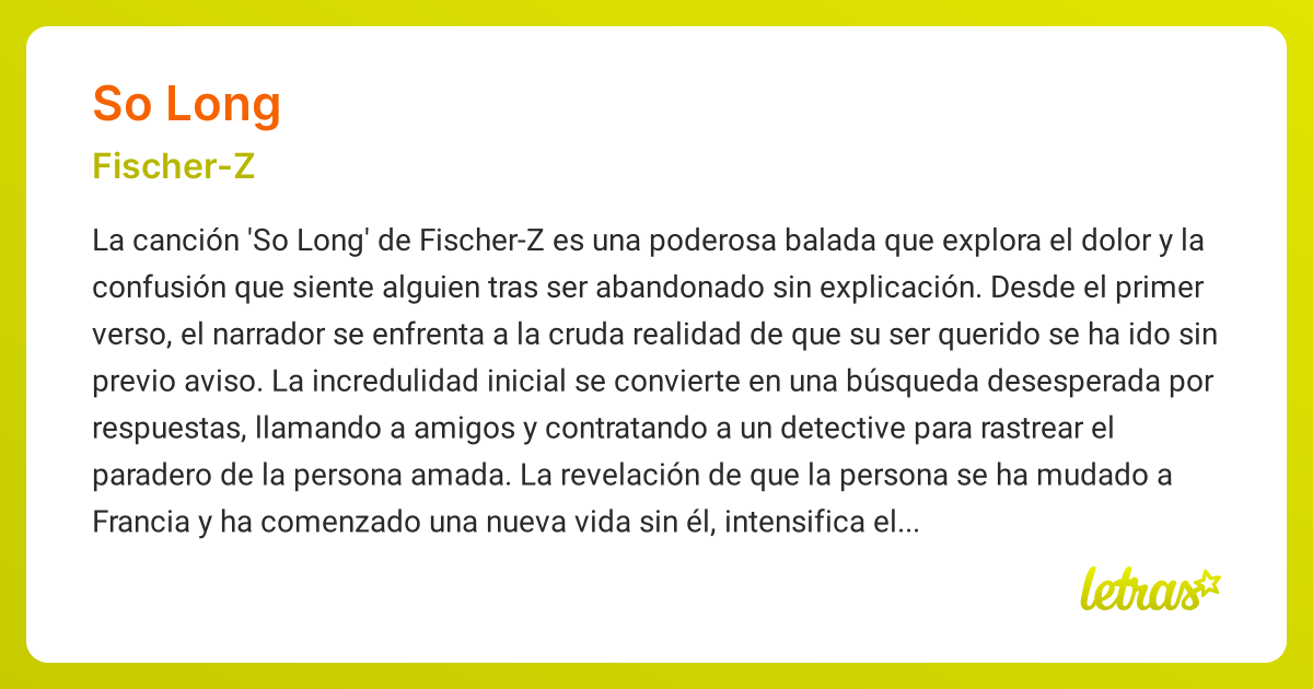 Significado de la canción SO LONG (Fischer-Z) - LETRAS.COM