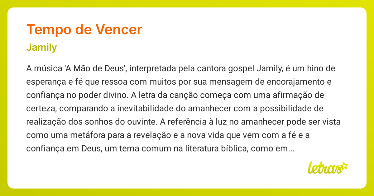 Significado da música TEMPO DE VENCER (Jamily) - LETRAS.MUS.BR