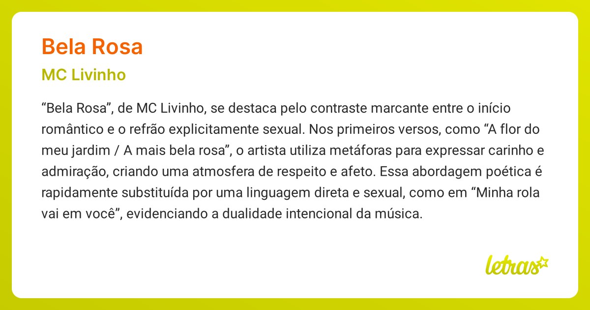 Significado da música BELA ROSA (MC Livinho) - LETRAS.MUS.BR
