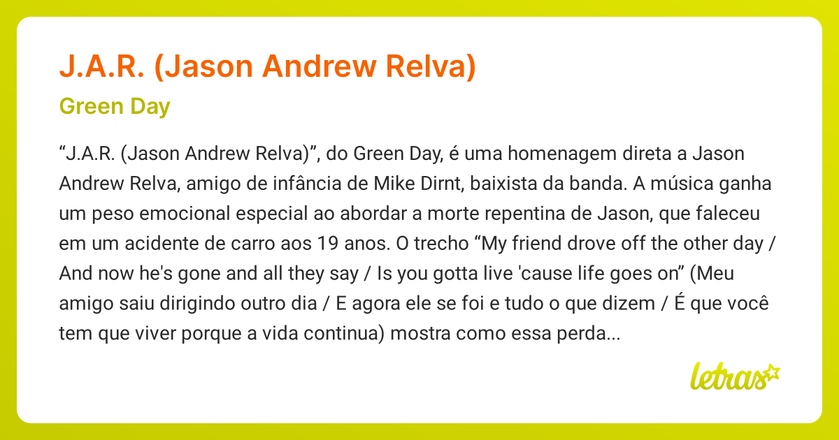 Significado da música J.A.R. (JASON ANDREW RELVA) (Green Day) - LETRAS ...