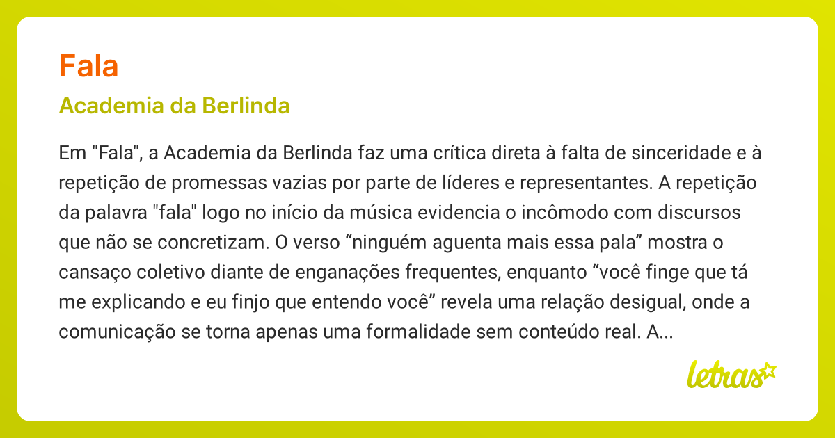 Significado da música FALA (Academia da Berlinda) - LETRAS.MUS.BR