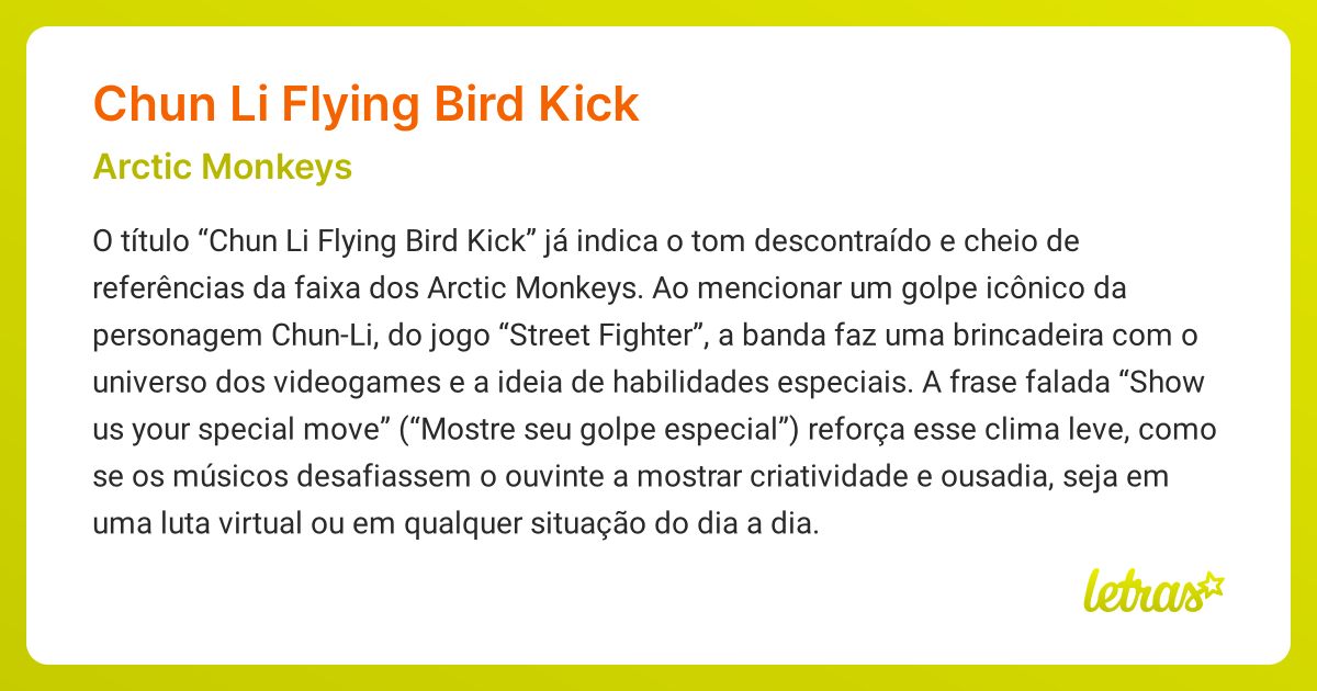 Significado da música CHUN LI FLYING BIRD KICK (Arctic Monkeys ...