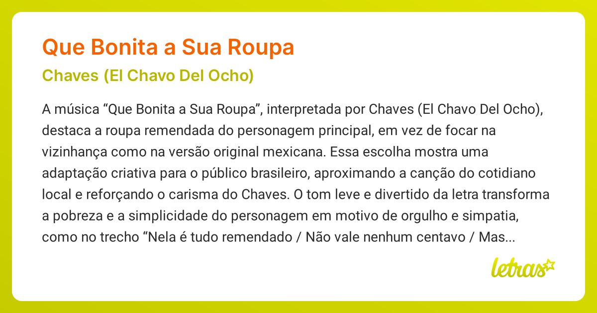 Significado da música QUE BONITA A SUA ROUPA (Chaves (El Chavo Del Ocho ...