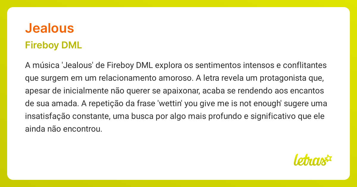 Significado da música JEALOUS (Fireboy DML) - LETRAS.MUS.BR