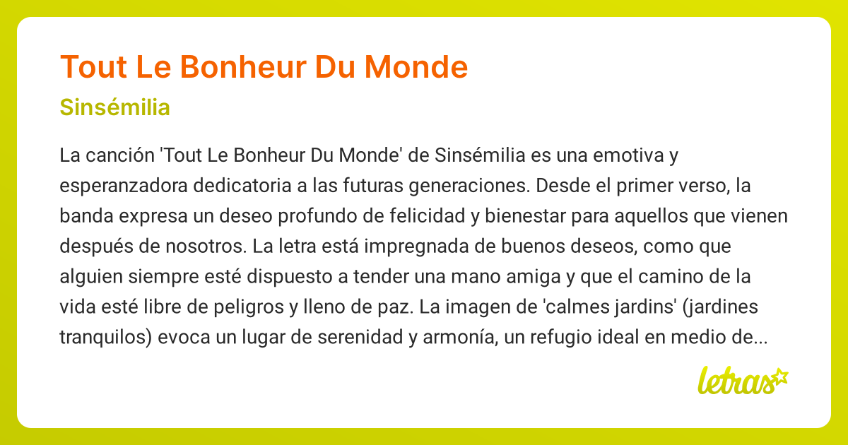 Significado de la canción TOUT LE BONHEUR DU MONDE (Sinsémilia ...
