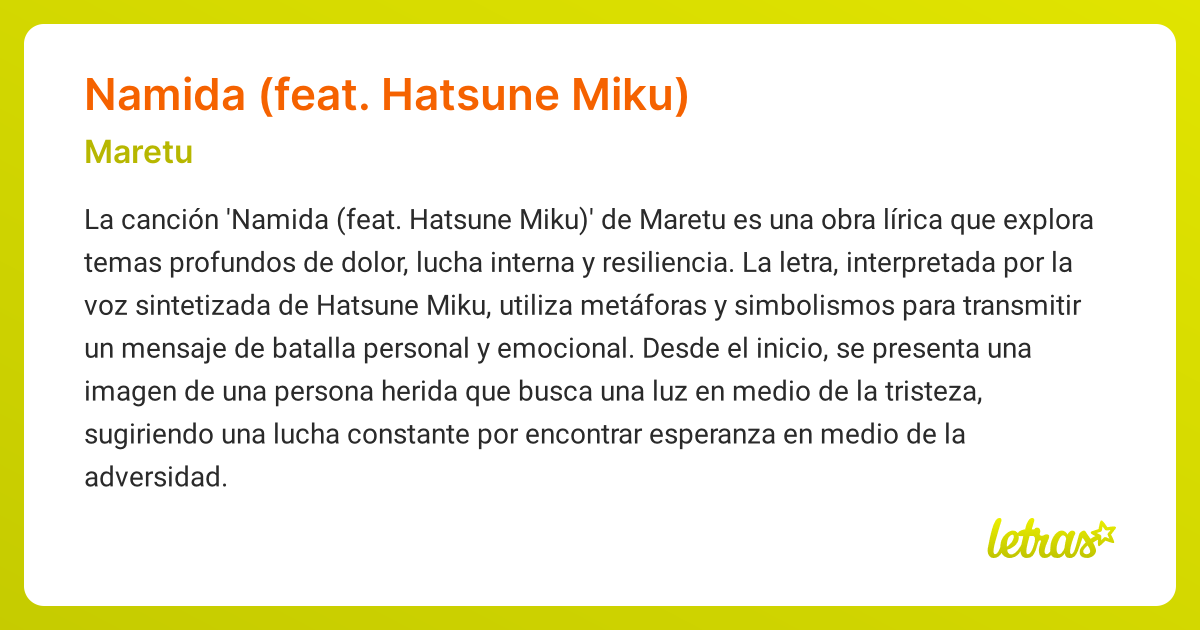 Significado de la canción NAMIDA (FEAT. HATSUNE MIKU) (Maretu) - LETRAS.COM