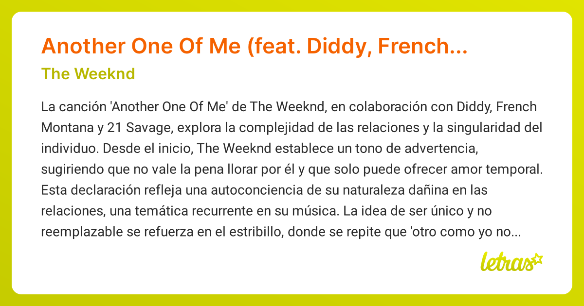 Significado de la canción Another One Of Me (feat. Diddy, French ...