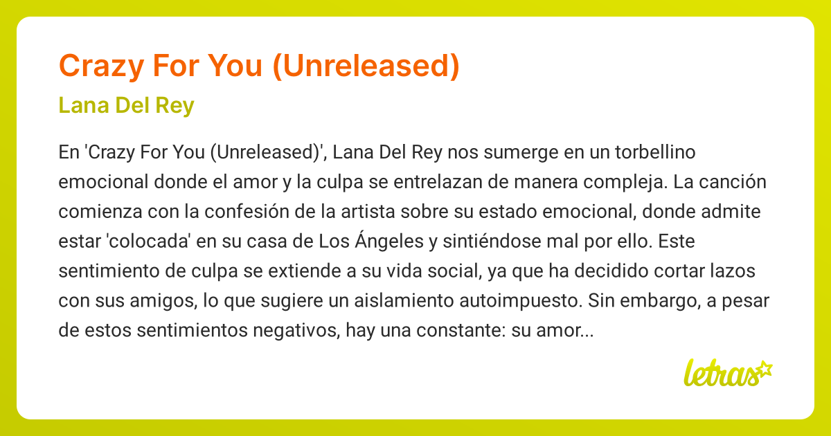Significado de la canción CRAZY FOR YOU (UNRELEASED) (Lana Del Rey ...