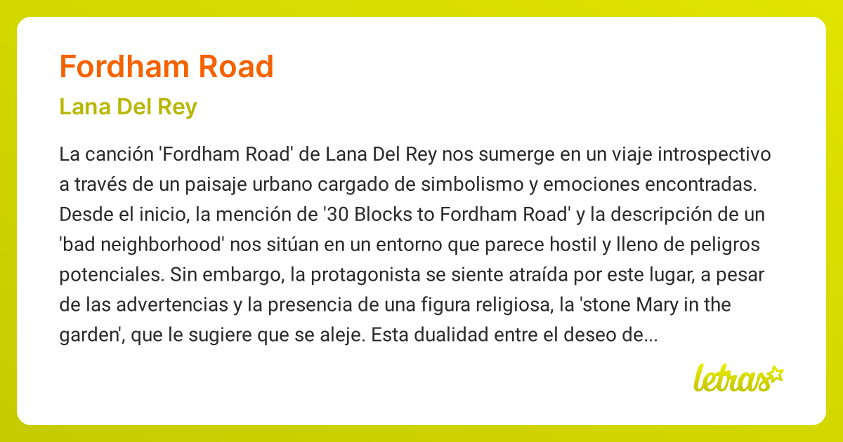Significado de la canción FORDHAM ROAD (Lana Del Rey) - LETRAS.COM