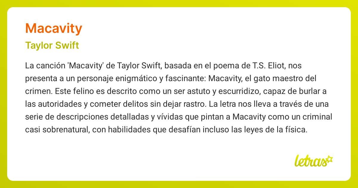 Significado de la canción MACAVITY (Taylor Swift) - LETRAS.COM