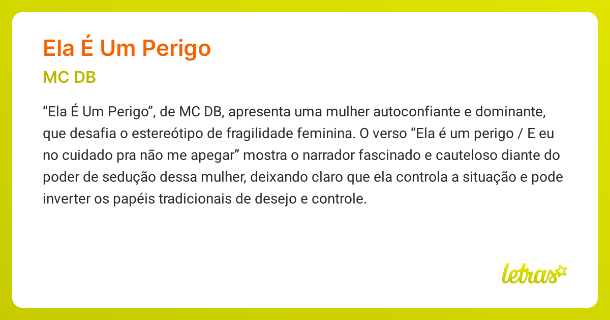 Significado da música ELA É UM PERIGO (MC DB) - LETRAS.MUS.BR