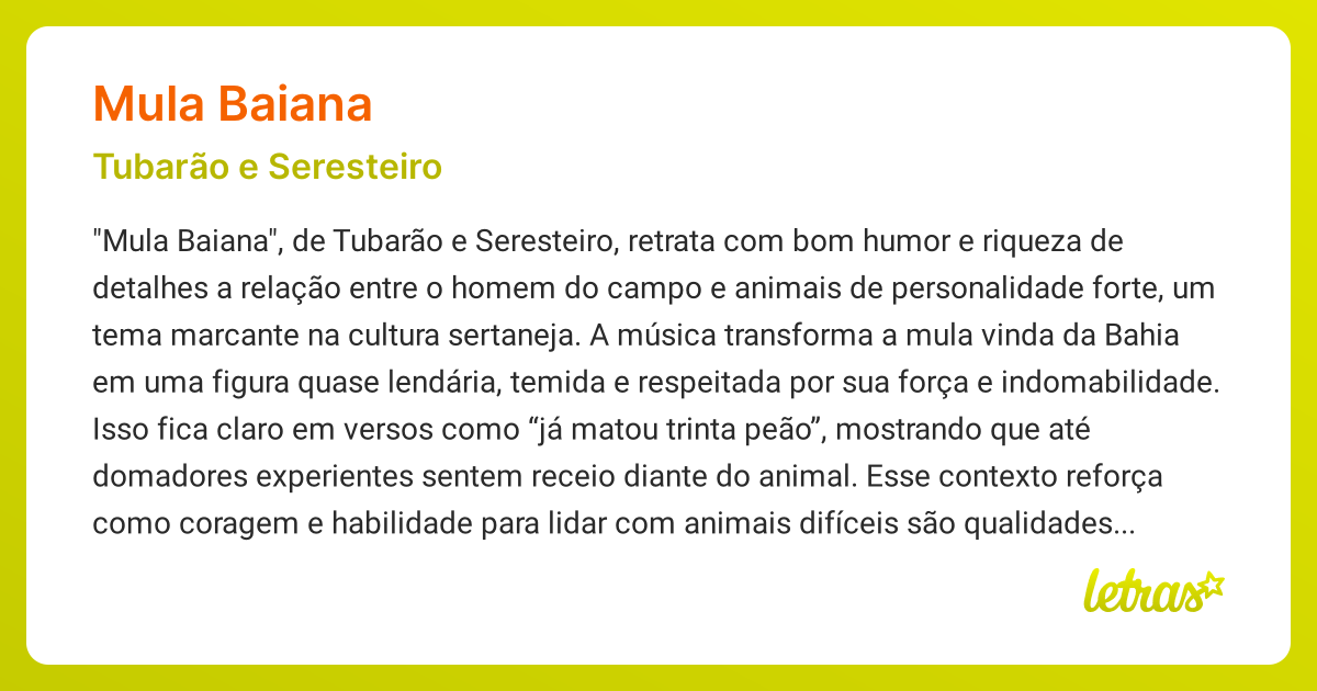 Significado da música MULA BAIANA (Tubarão e Seresteiro) - LETRAS.MUS.BR