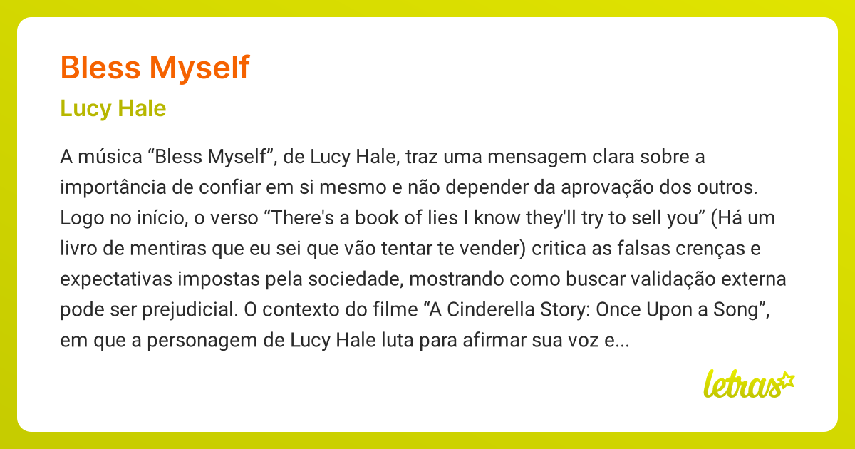 Significado da música BLESS MYSELF (Lucy Hale) - LETRAS.MUS.BR