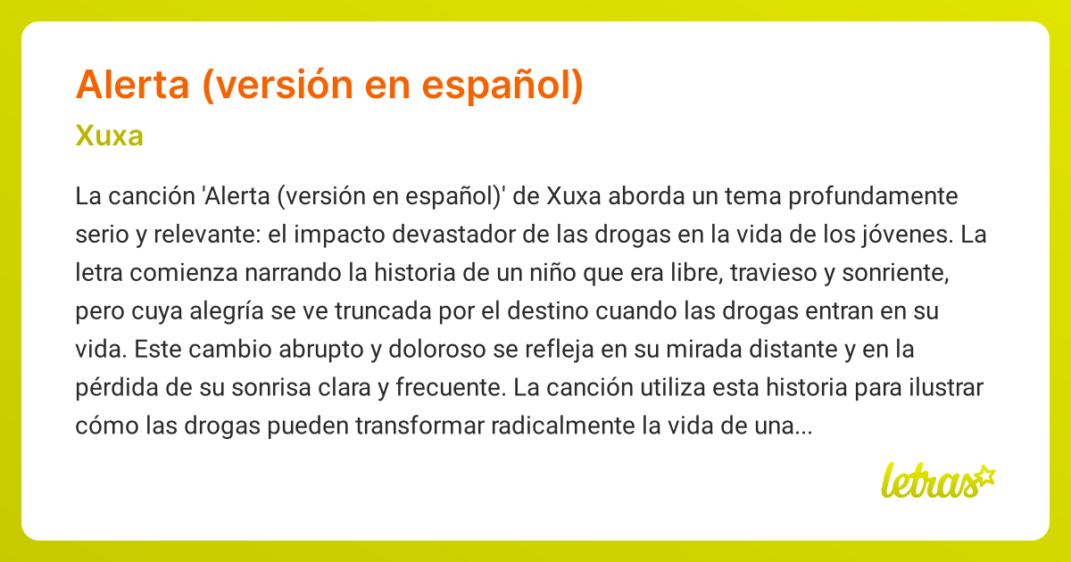 Significado de la canción ALERTA (VERSIÓN EN ESPAÑOL) (Xuxa) - LETRAS.COM