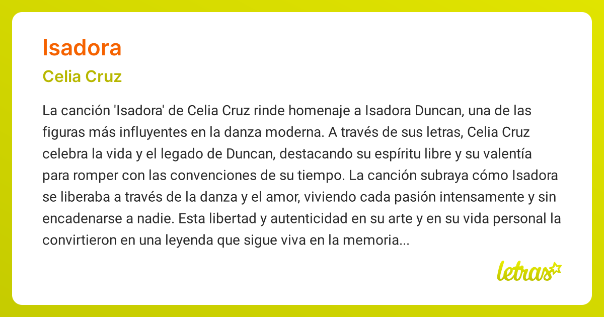 Significado de la canción ISADORA (Celia Cruz) - LETRAS.COM