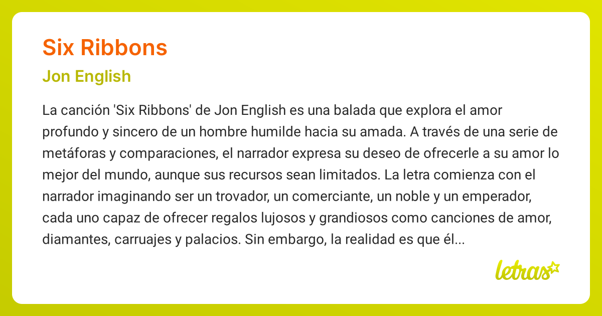 Significado de la canción SIX RIBBONS (Jon English) - LETRAS.COM