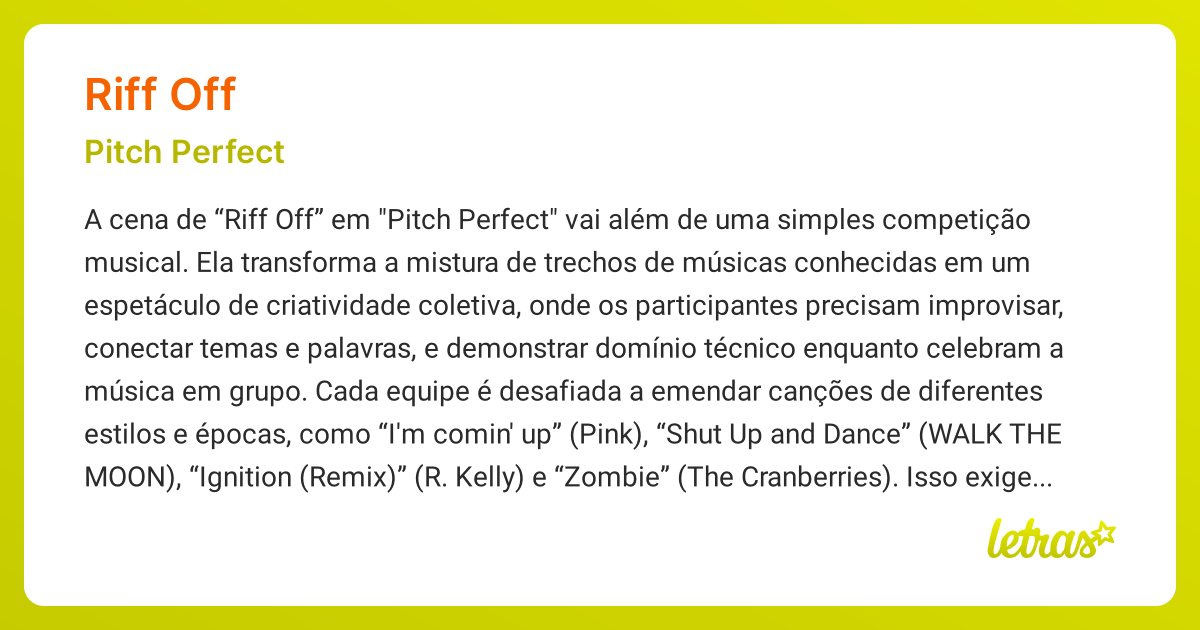 Significado da música RIFF OFF (Pitch Perfect) - LETRAS.MUS.BR