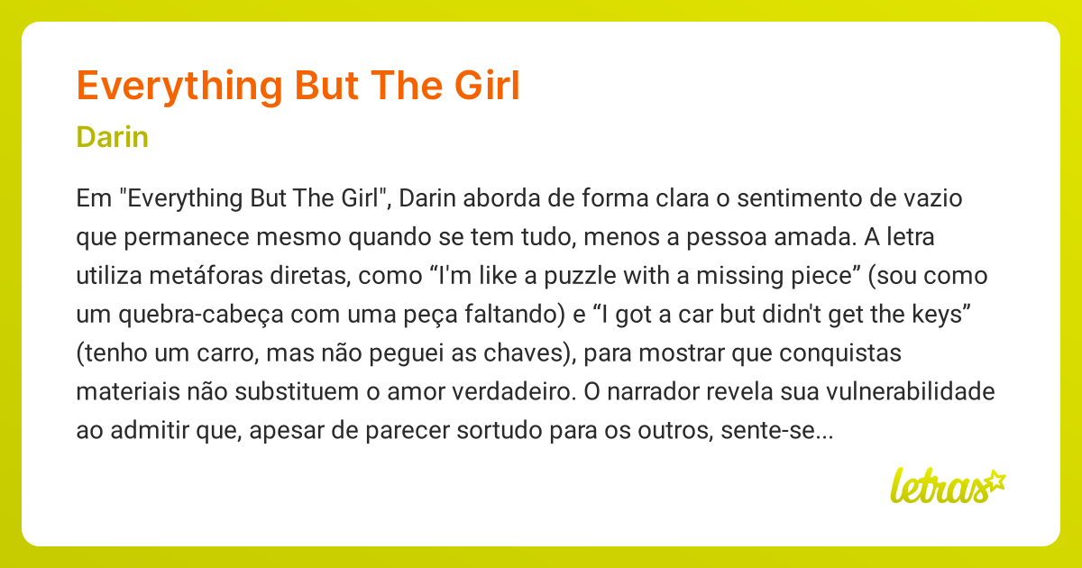 Significado da música EVERYTHING BUT THE GIRL (Darin) - LETRAS.MUS.BR