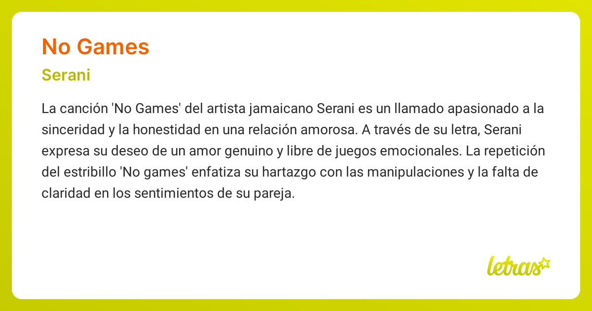 Significado de la canción NO GAMES (Serani) - LETRAS.COM