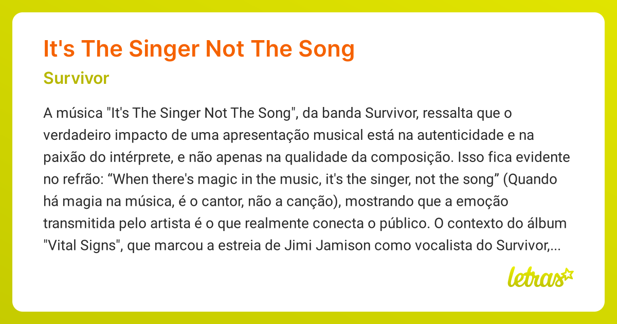 Significado da música IT'S THE SINGER NOT THE SONG (Survivor) - LETRAS ...