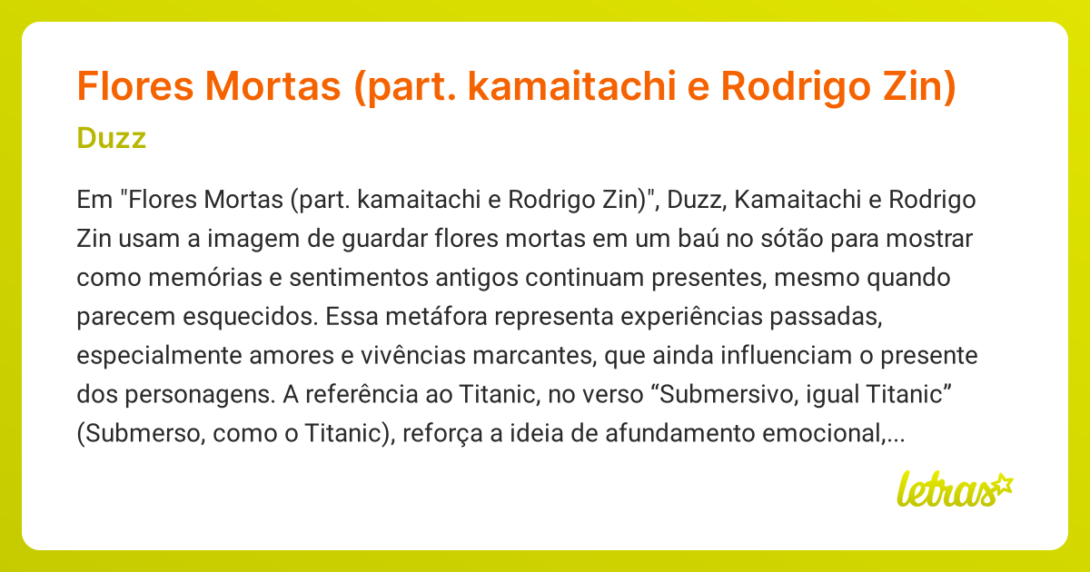 Significado da música Flores Mortas (part. kamaitachi e Rodrigo Zin ...