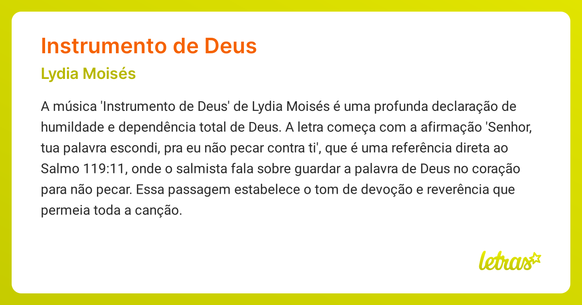 Significado da música INSTRUMENTO DE DEUS (Lydia Moisés) - LETRAS.MUS.BR