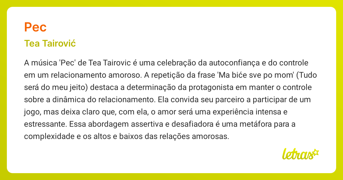 Significado da música PEC (Tea Tairović) - LETRAS.MUS.BR