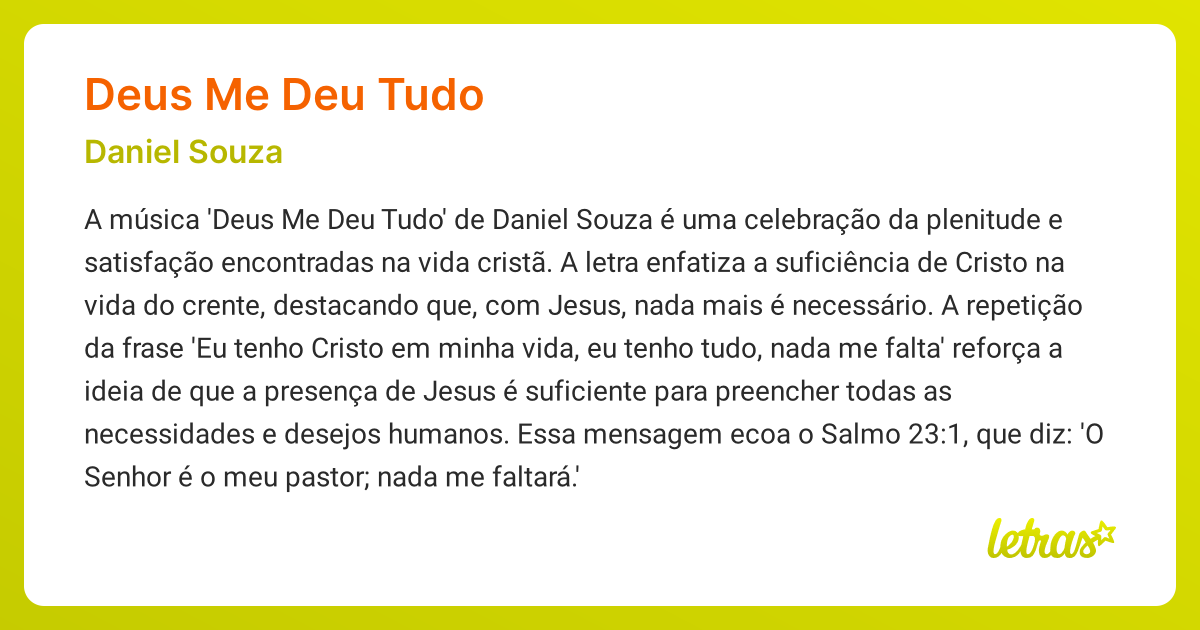 Significado da música DEUS ME DEU TUDO (Daniel Souza) - LETRAS.MUS.BR