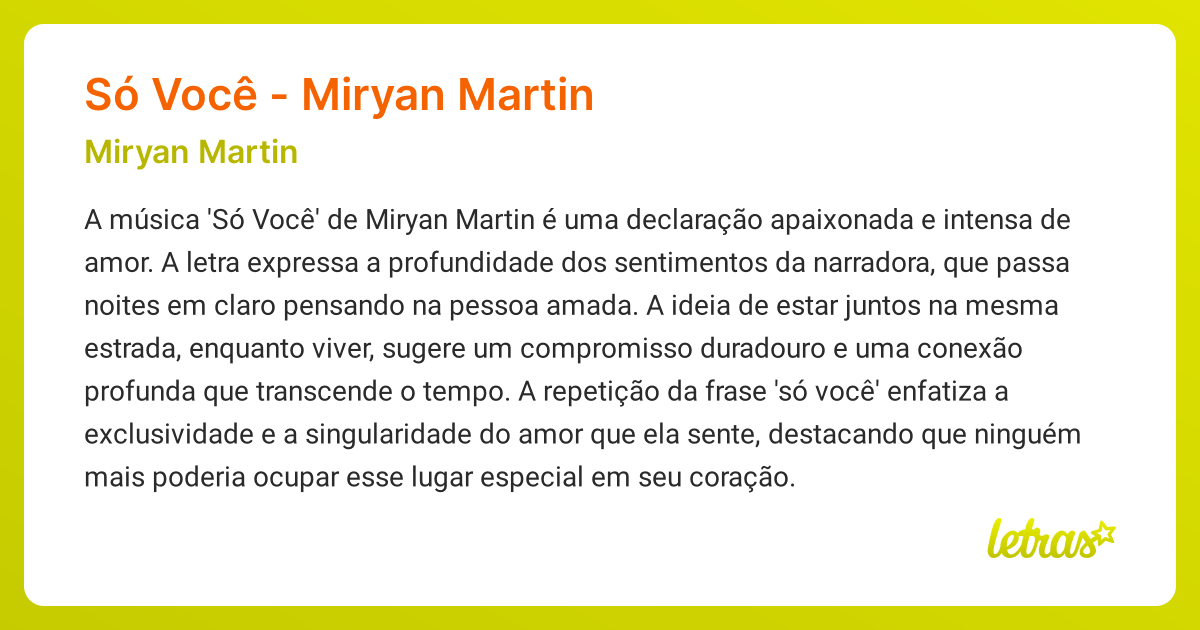 Significado da música SÓ VOCÊ - MIRYAN MARTIN (Miryan Martin) - LETRAS ...