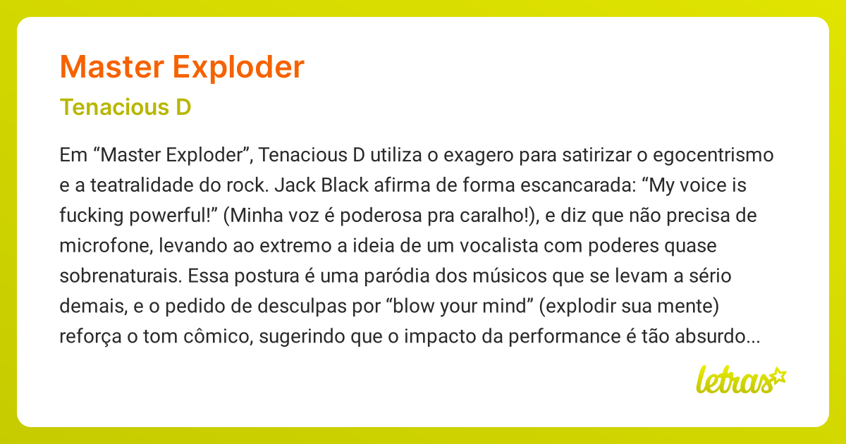 Significado da música MASTER EXPLODER (Tenacious D) - LETRAS.MUS.BR