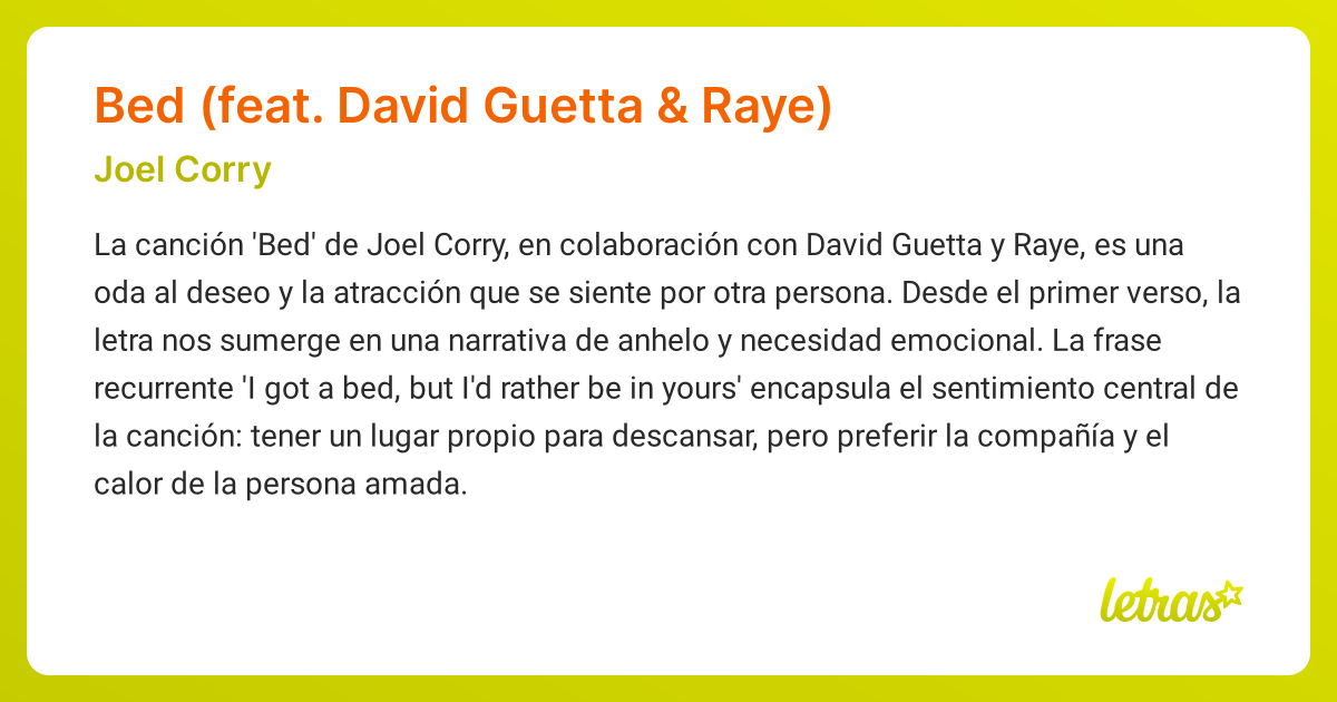 Significado de la canción Bed (feat. David Guetta & Raye) (Joel Corry ...