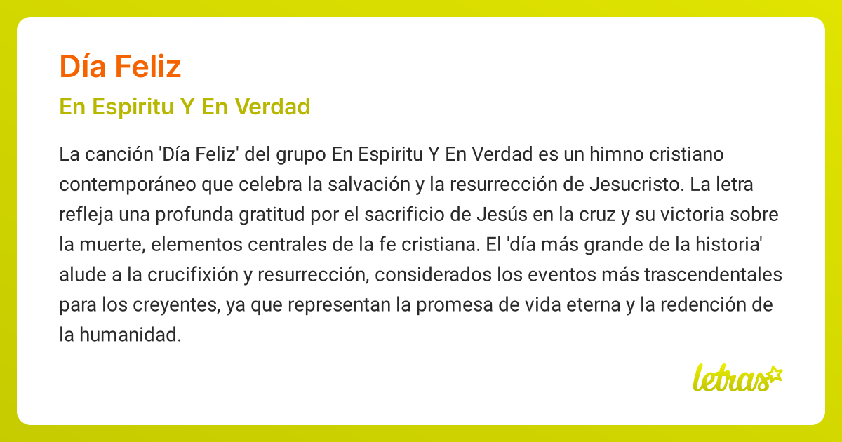 Significado de la canción DÍA FELIZ (En Espiritu Y En Verdad) - LETRAS.COM