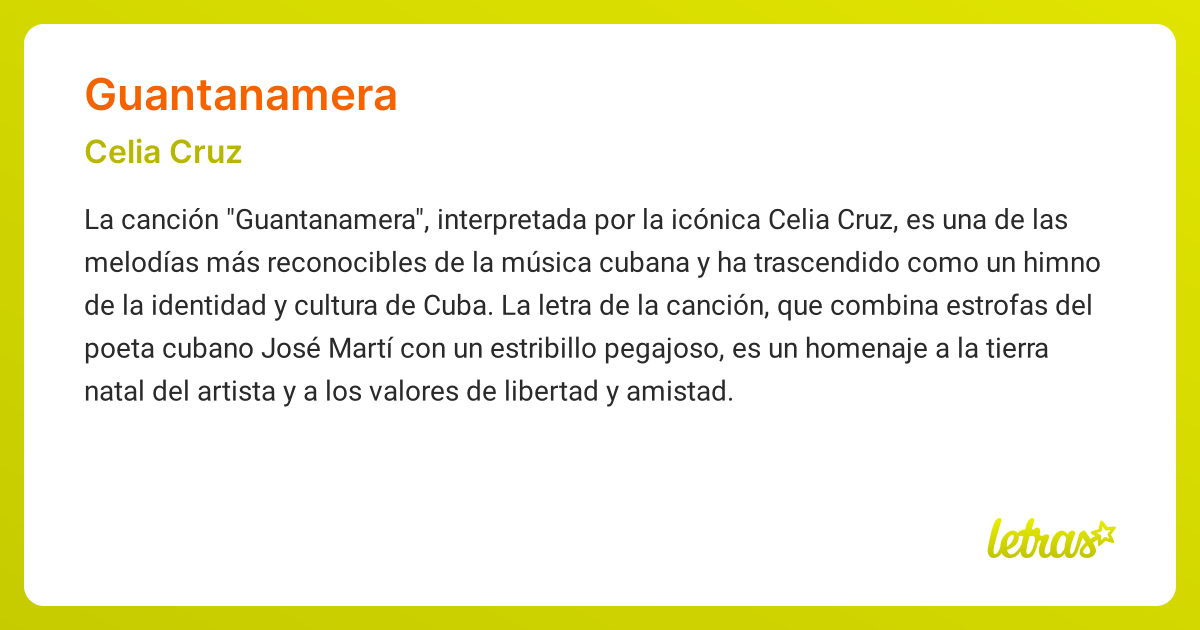 Significado de la canción GUANTANAMERA (Celia Cruz) - LETRAS.COM